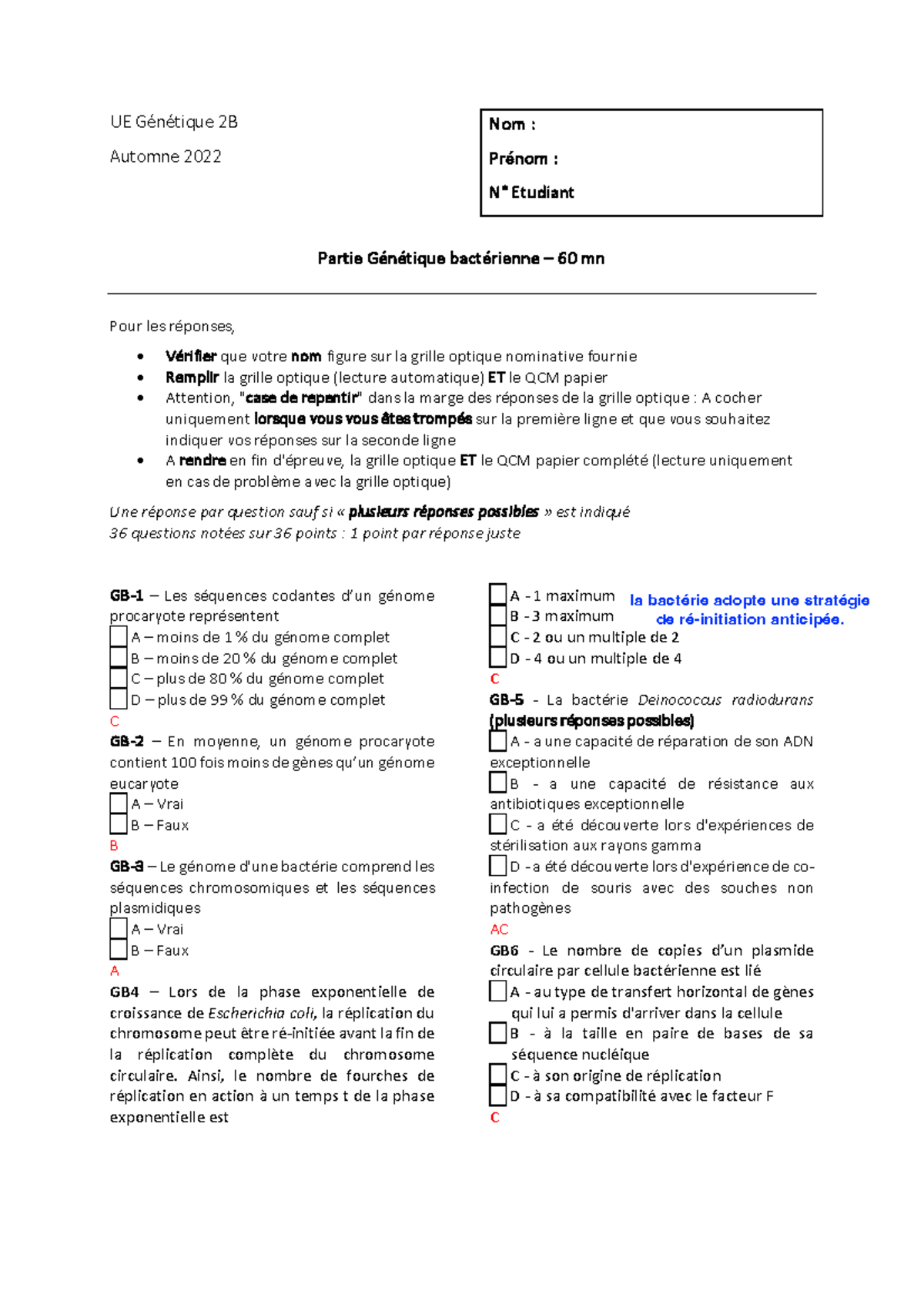 Sujet Génétique 2B GB - Exam QCM Automne 2022 - Studocu