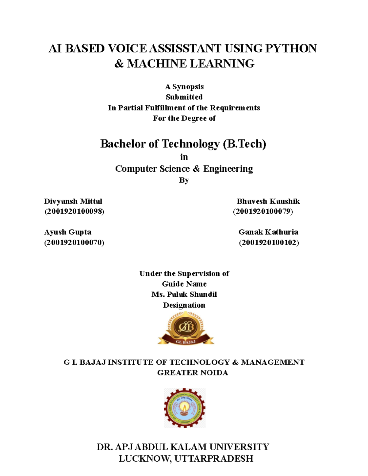 AI-based Voice Assistant Project Synopsis for B.Tech in CSE - Studocu