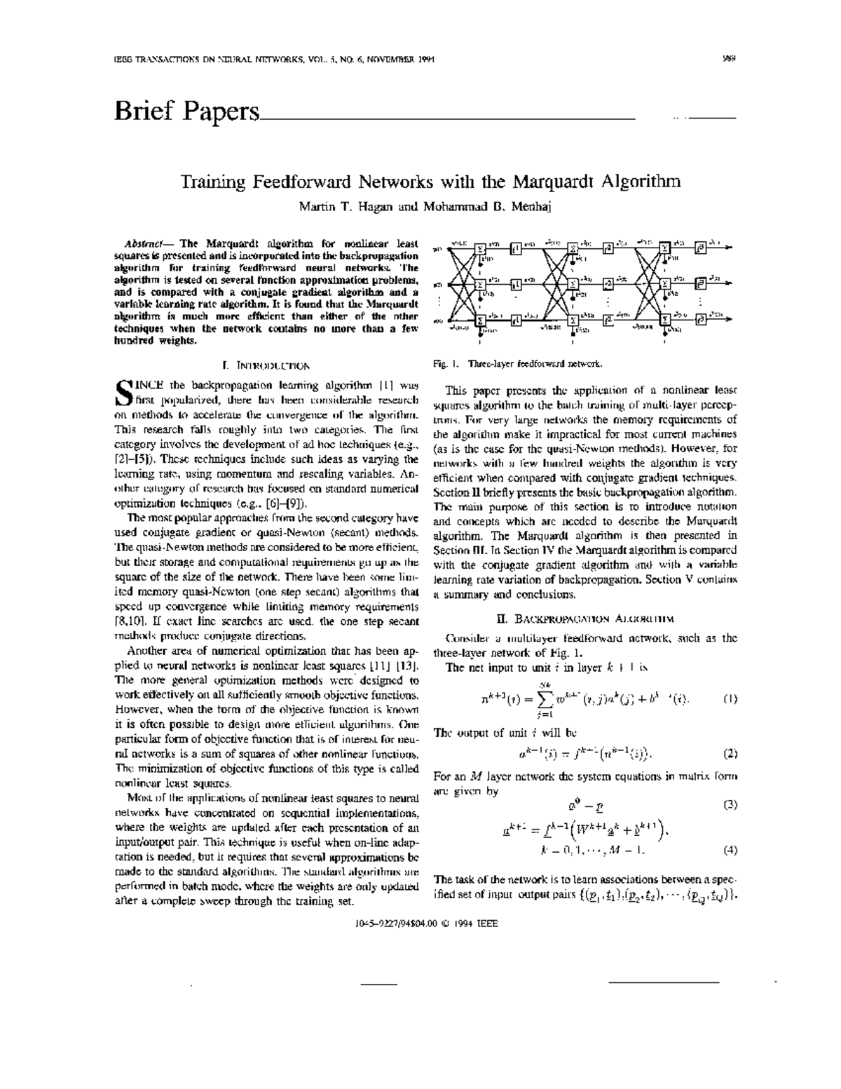 Training Feedforward Networks with the Marquardt Algorithm (989) - Studocu
