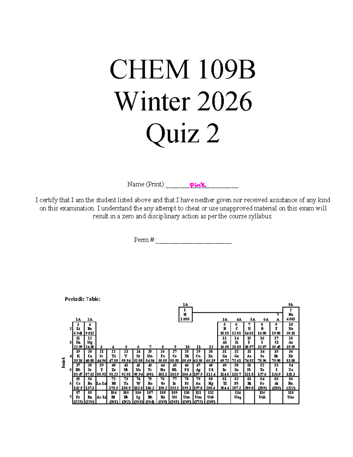 CHEM 109B Winter 2026 Quiz 2 Study Guide and Key - Studocu