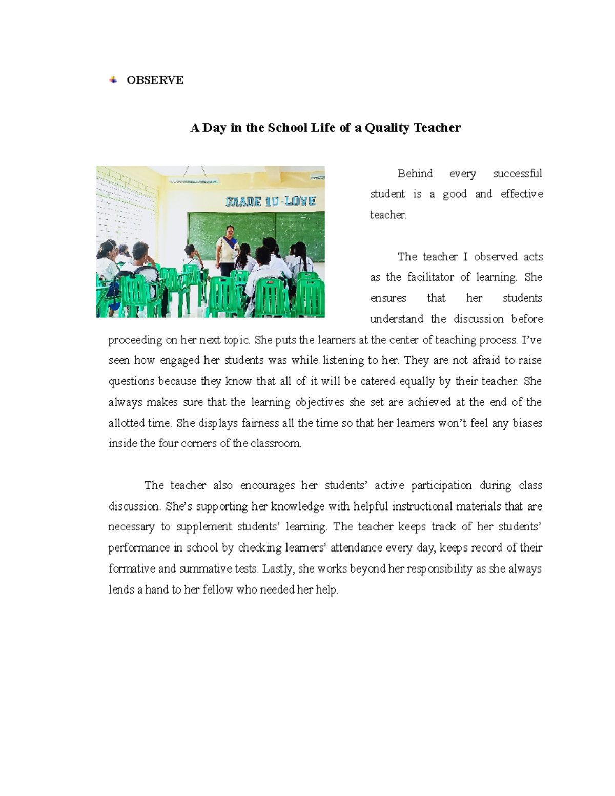 FS1 15 - Field Study: Observing Qualities of a Successful Teacher - Studocu