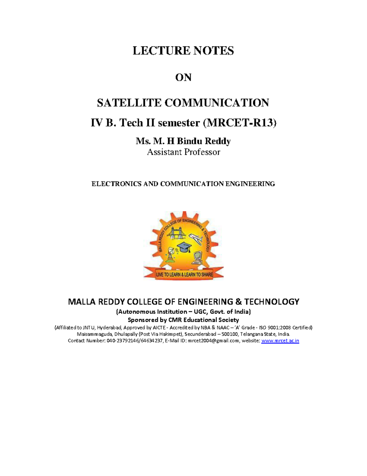 Lecture Notes on Satellite Communication (ECE IV B.Tech II Sem - MRCET ...