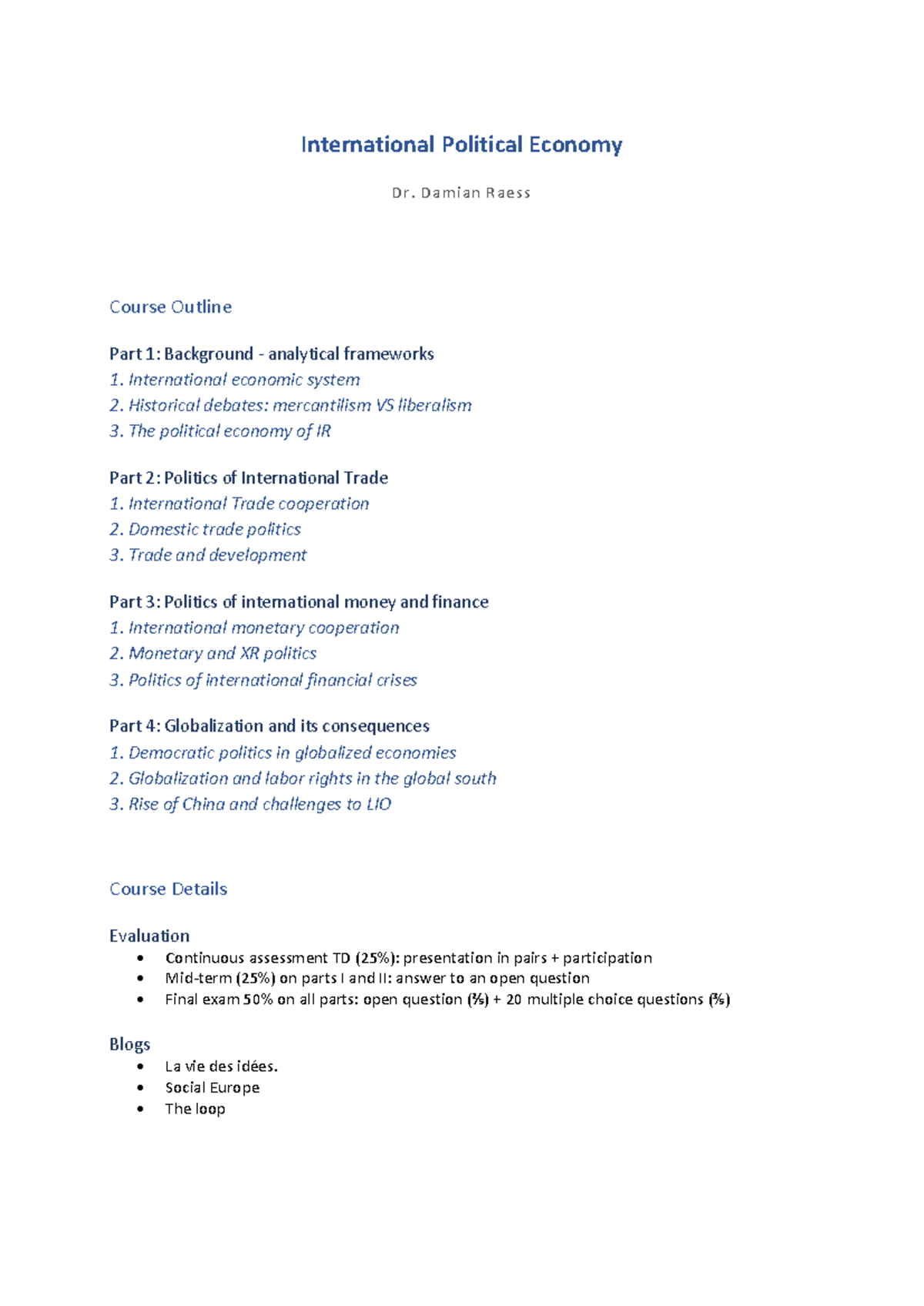 International Political Economy (IPE) Course Outline: Key Concepts ...