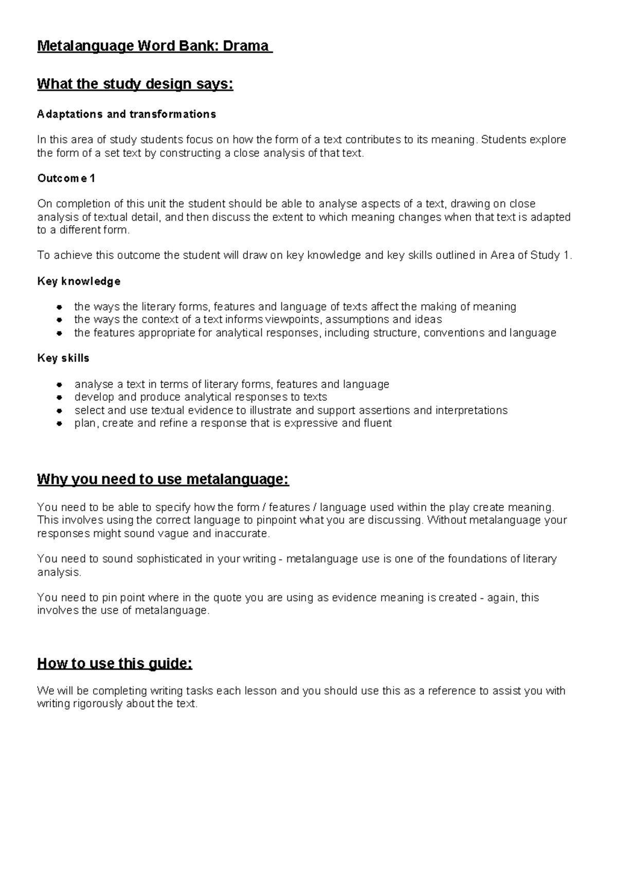 Metalanguage Word Bank: Drama Analysis & Adaptations Guide - Studocu
