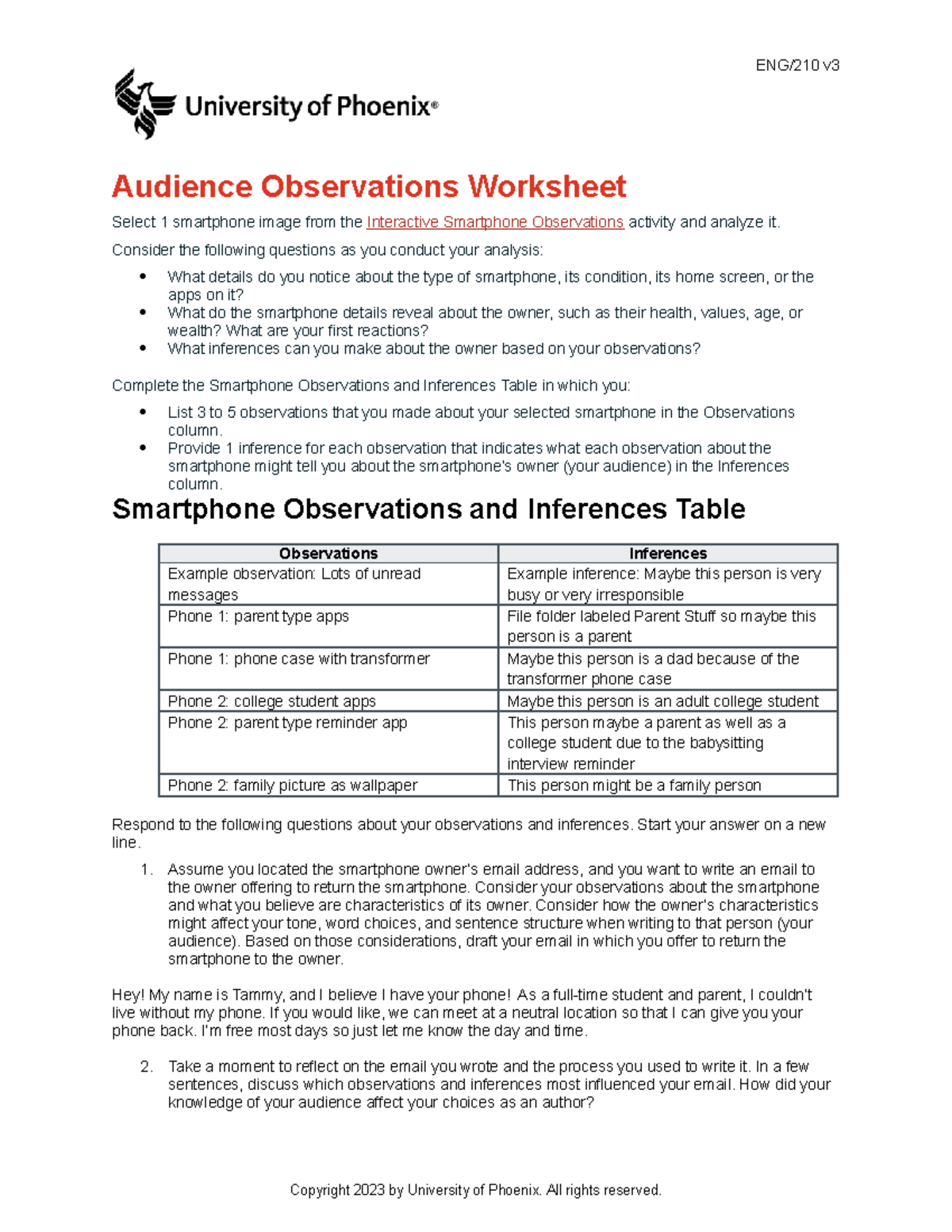 Eng210v3wk1 audience observations worksheet - ENG/210 v Audience ...