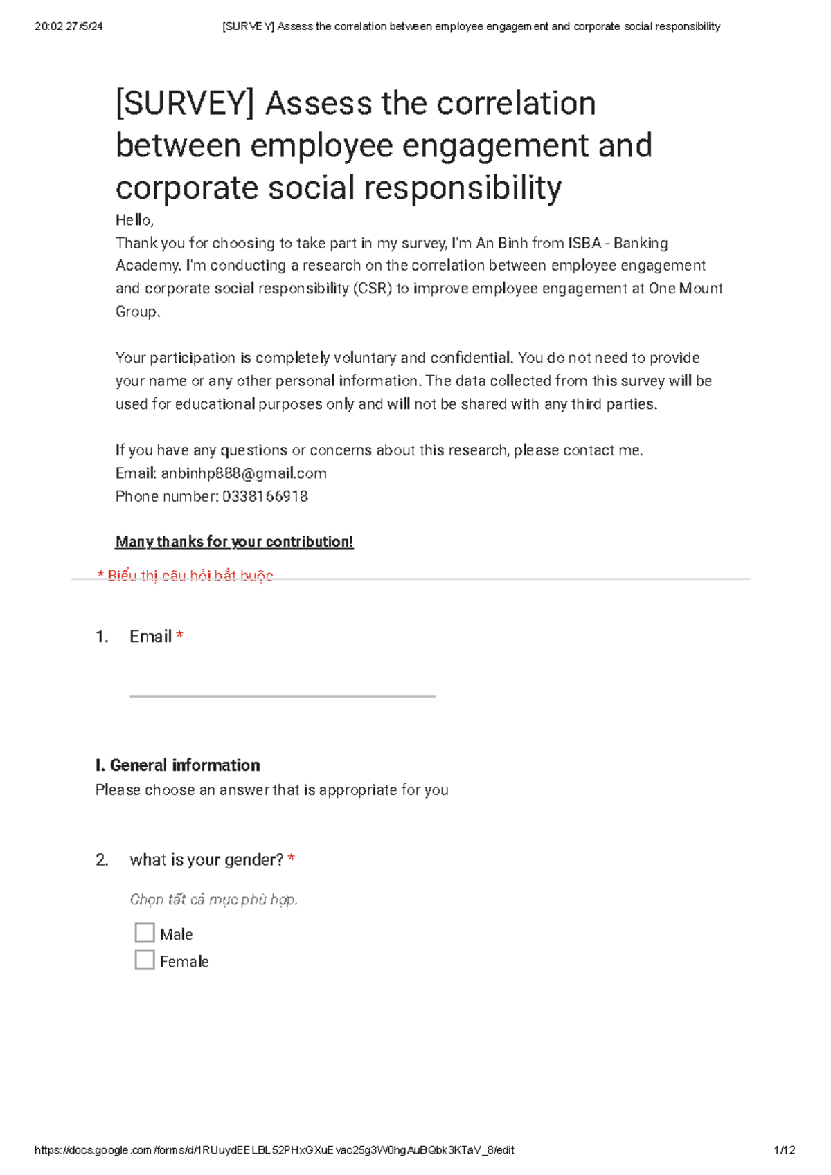 Survey FOR OMG - Google Biểu mẫu - 1. Email * I. General information ...