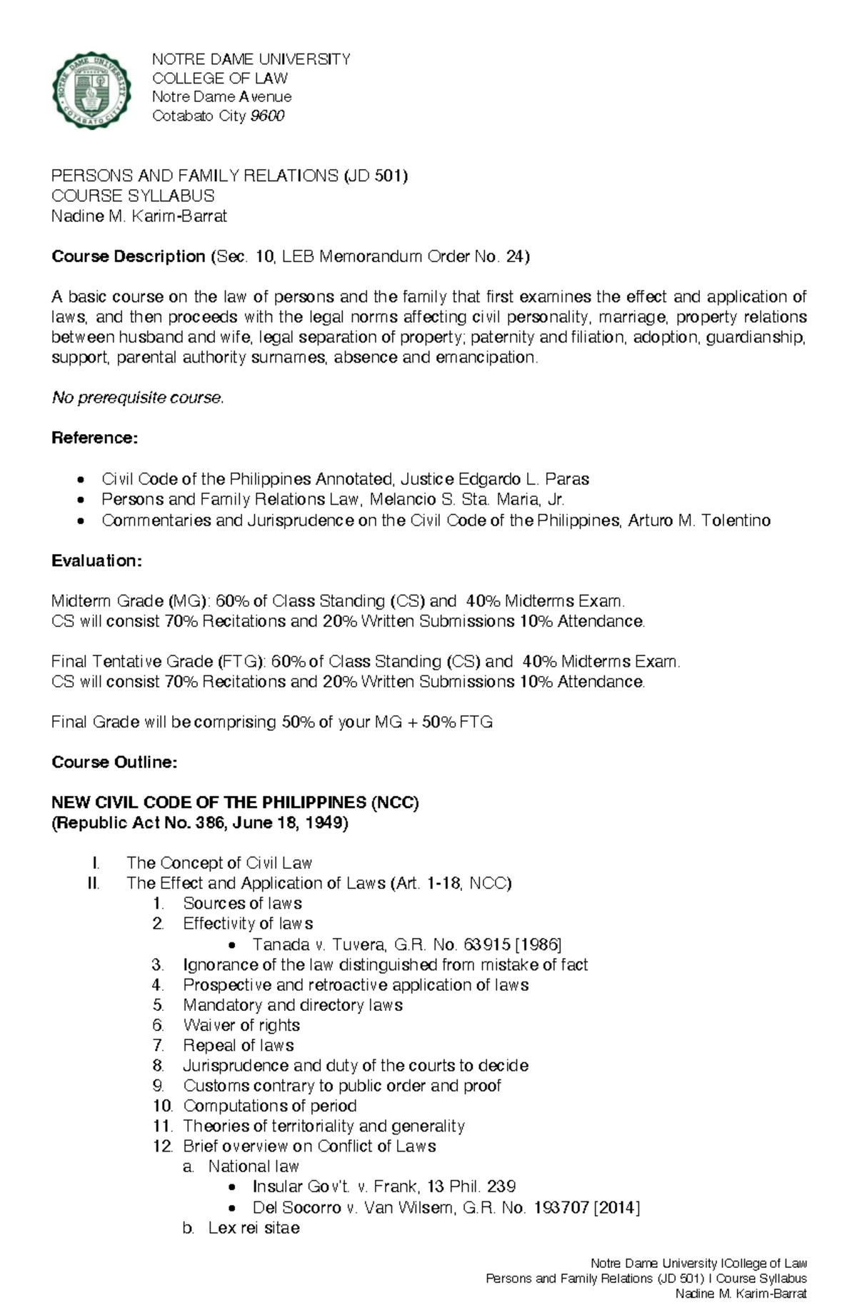 Notre Dame University Law JD 501 Persons & Family Relations Syllabus - Studocu