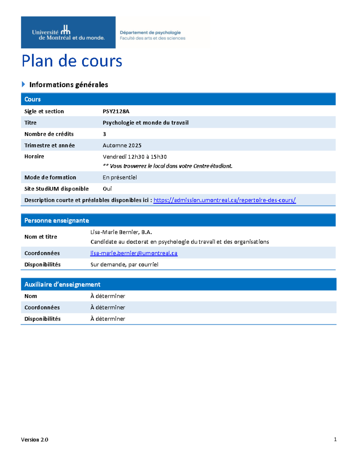 Plan de cours PSY2128A : Psychologie et Monde du Travail - Automne 2025 - Studocu