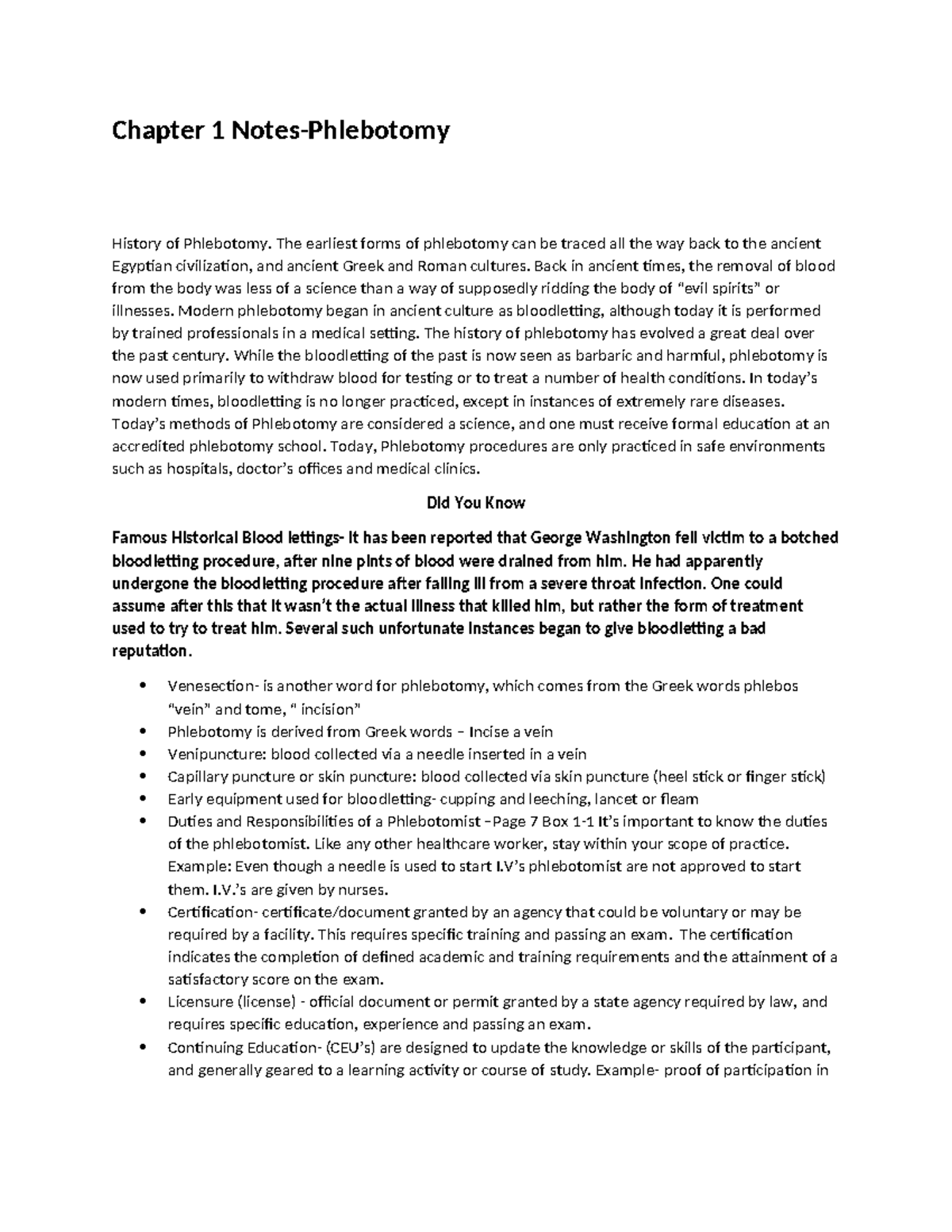Phlebotomy Chapter 1 Notes: History and Fundamentals of Practice - Studocu