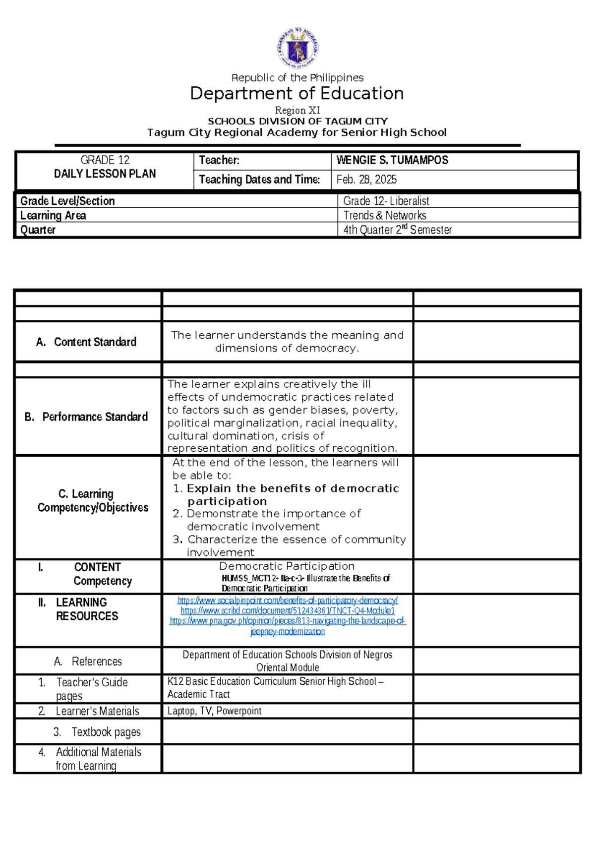 Grade 12 Daily Lesson Plan: Understanding Democracy (4th Quarter) - Studocu