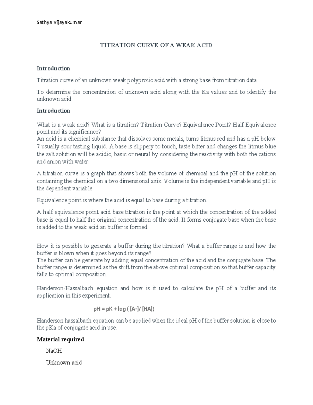 Weal titration curve - TITRATION CURVE OF A WEAK ACID Introduction Titration curve of an unknown ...