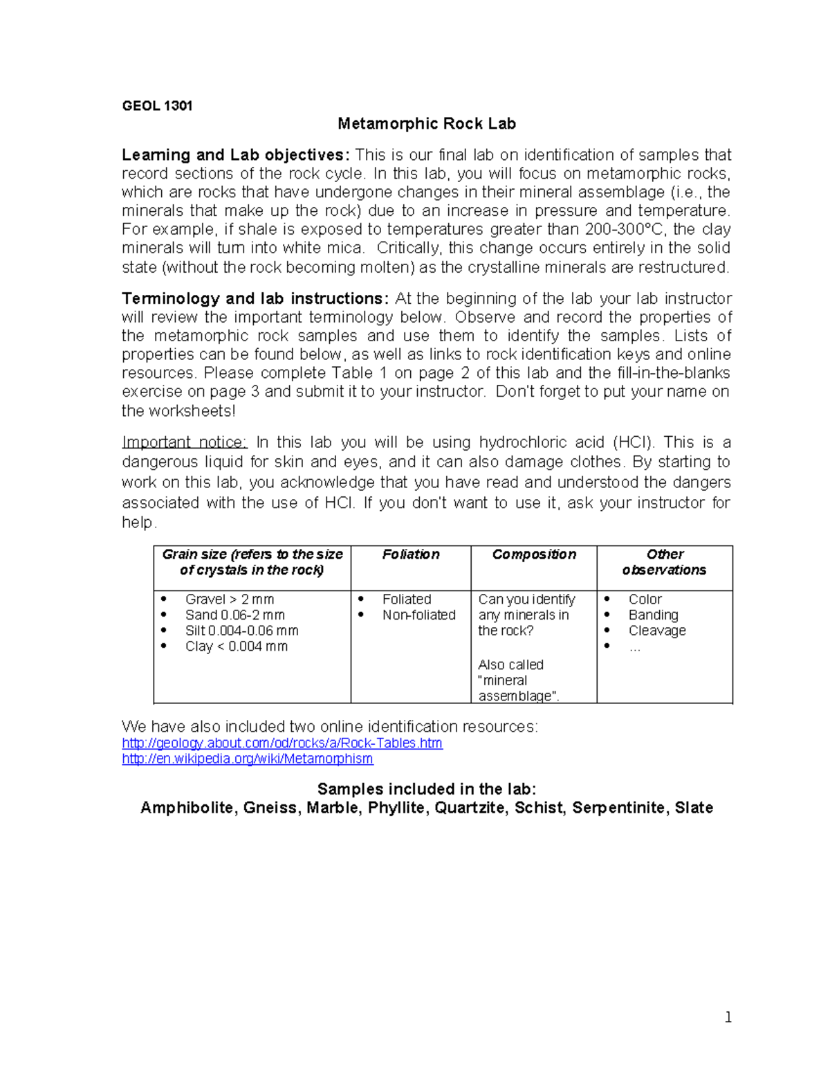 GEOL 1301 - Lab 04 - Metamorphic Rocks - updated final - GEOL 1301 ...