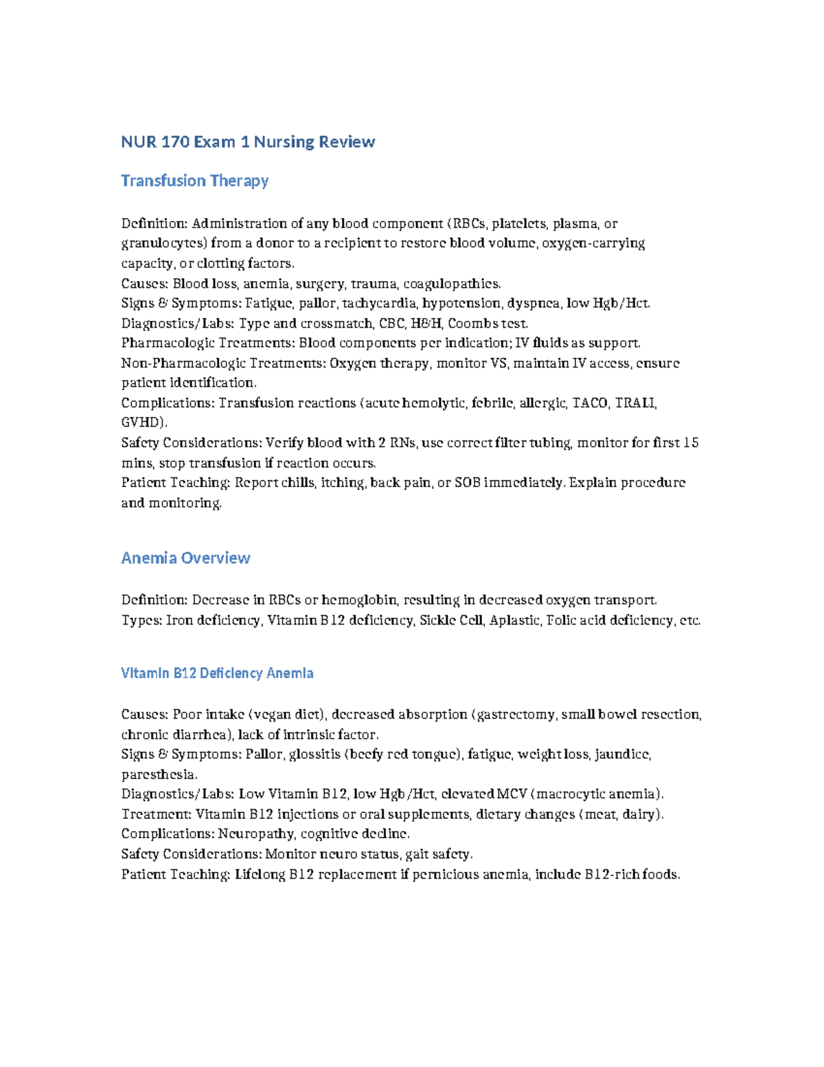 NUR 170 Exam 1 Comprehensive Nursing Review Notes - Studocu