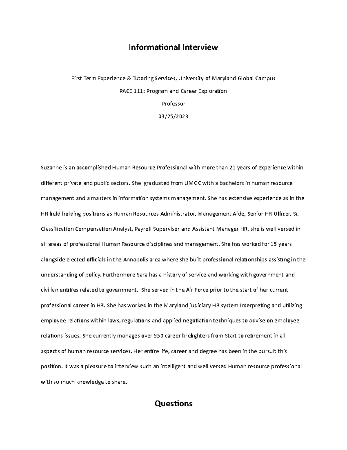 Informational Interview Insights - PACE 111 Career Exploration - Studocu