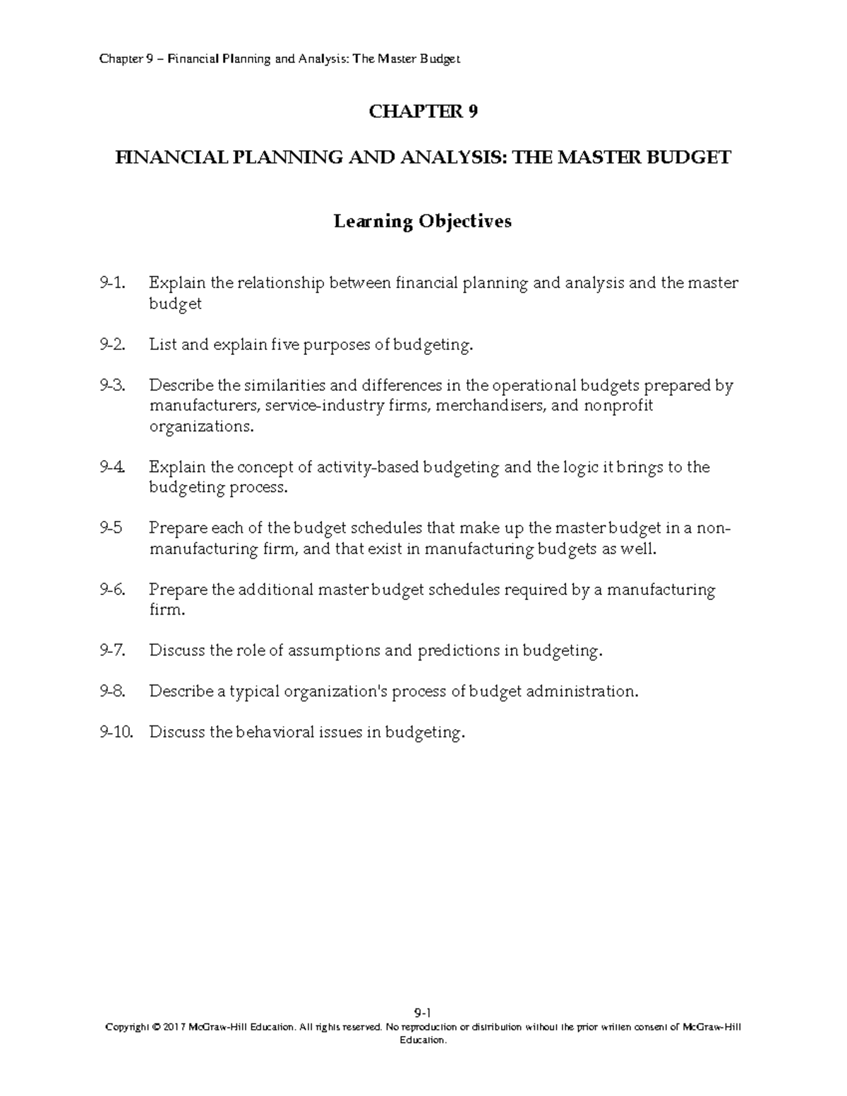 Chapter 9: Financial Planning & Analysis - The Master Budget - Studocu