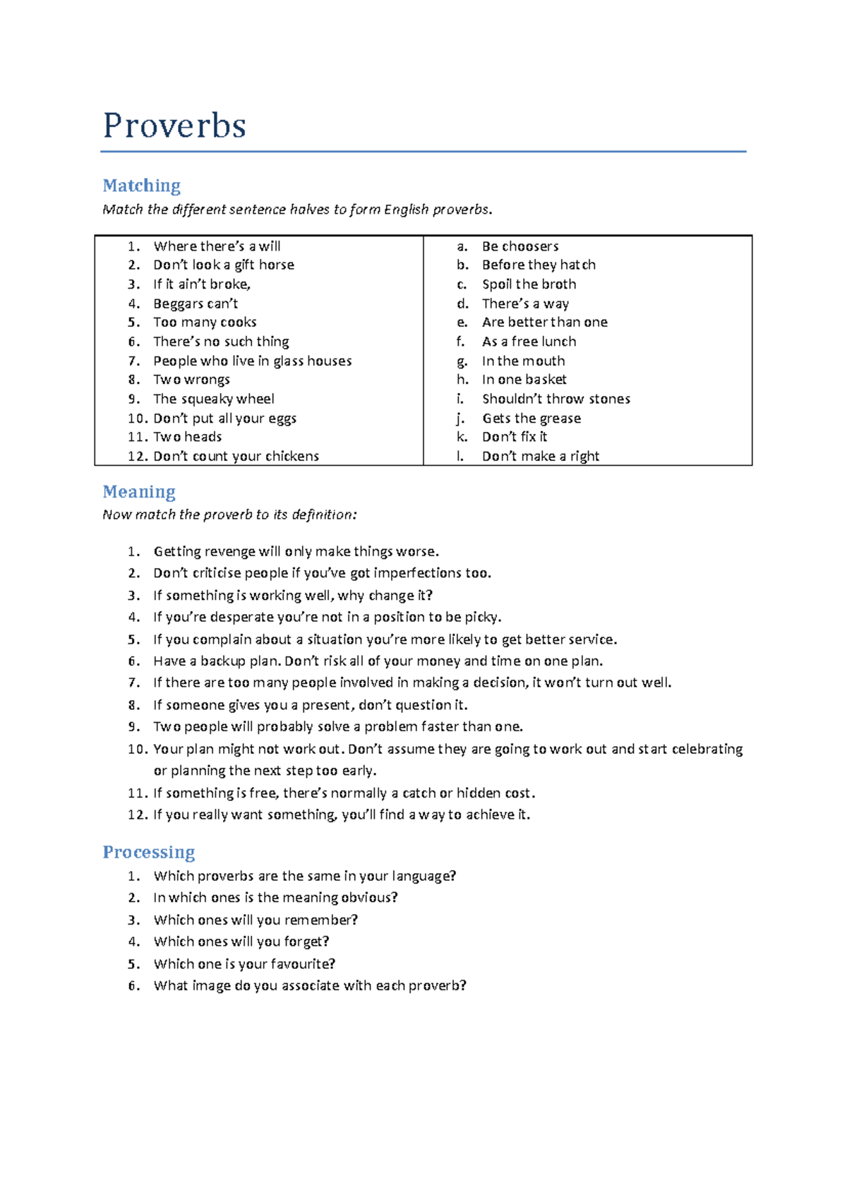 Proverbs Matching Exercise for Advanced & CPE Students - Studocu