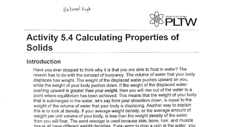 PLTW IED Activity 5.4: Calculating Properties of Solids - Studocu