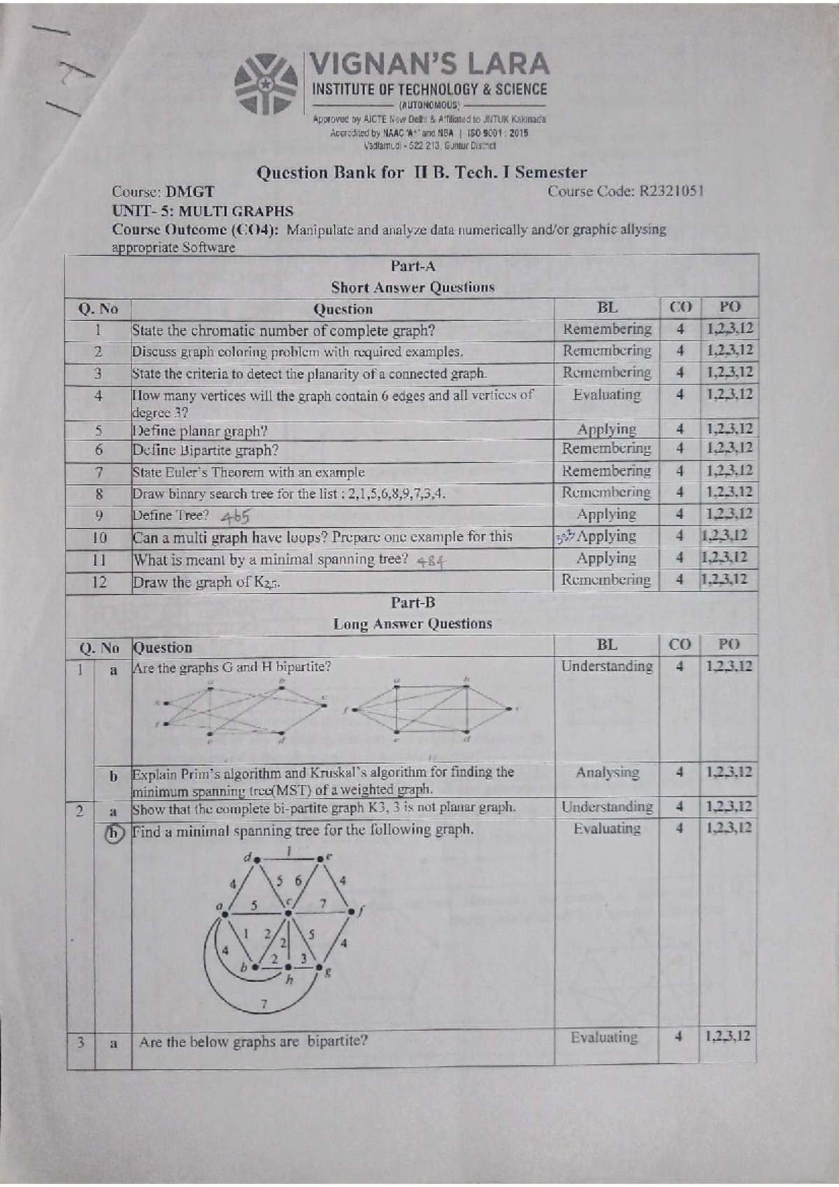 DMGT R2321051: Question Bank for Multi Graphs - II B. Tech I Sem - Studocu