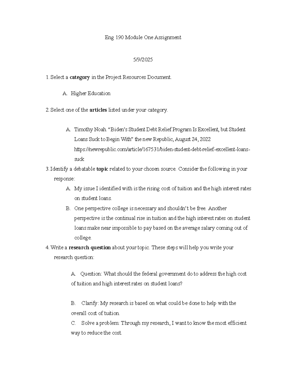 Eng 190 Module One Assignment: Addressing Tuition Costs & Student Loans ...