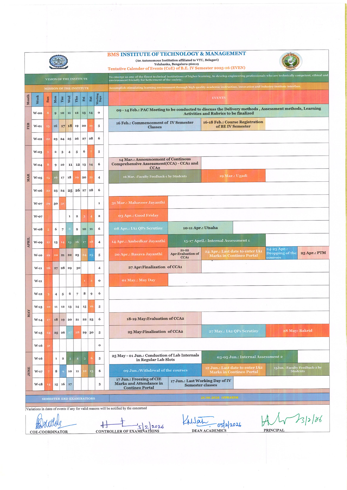IV Semester Academic Calendar of Events (B.E.) AY 2025-26 - Studocu