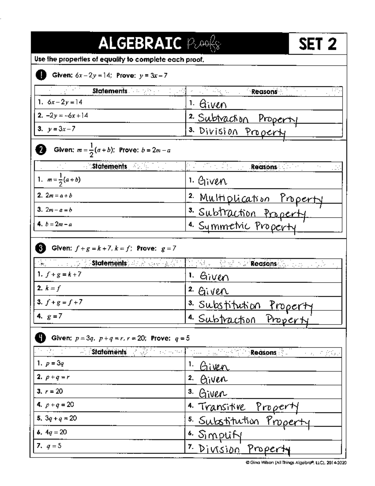 02 - Answer Key - Algebra Proofs and Properties Support Work - Studocu