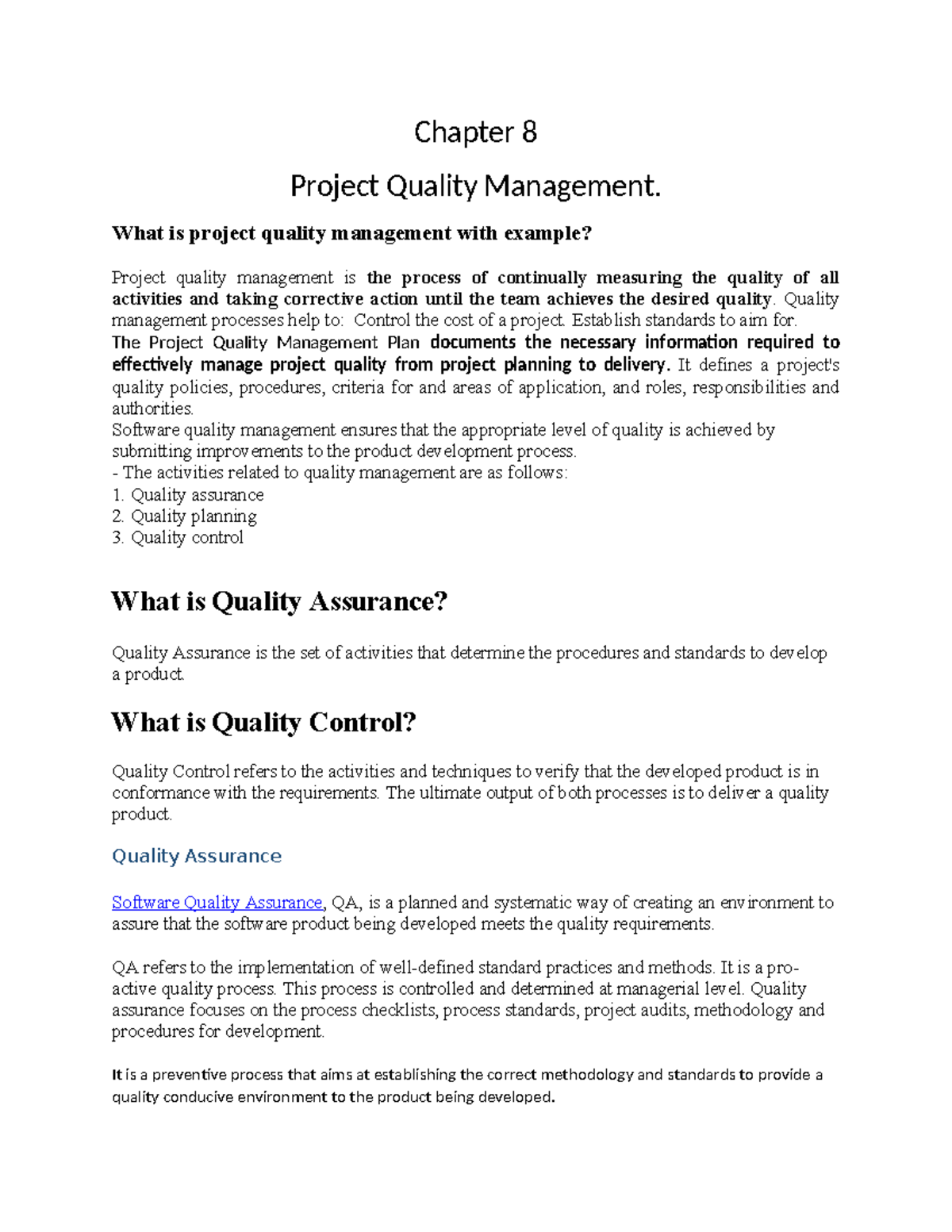Chapter 8: Project Quality Management Overview and Techniques - Studocu