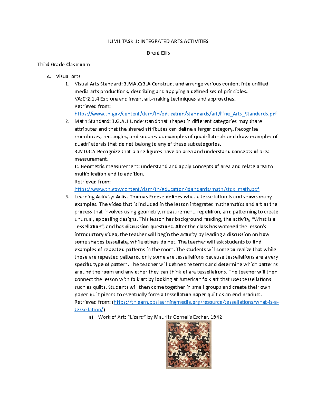 IUM1 TASK 1: Integrated Arts Activities for 3rd Grade - Studocu