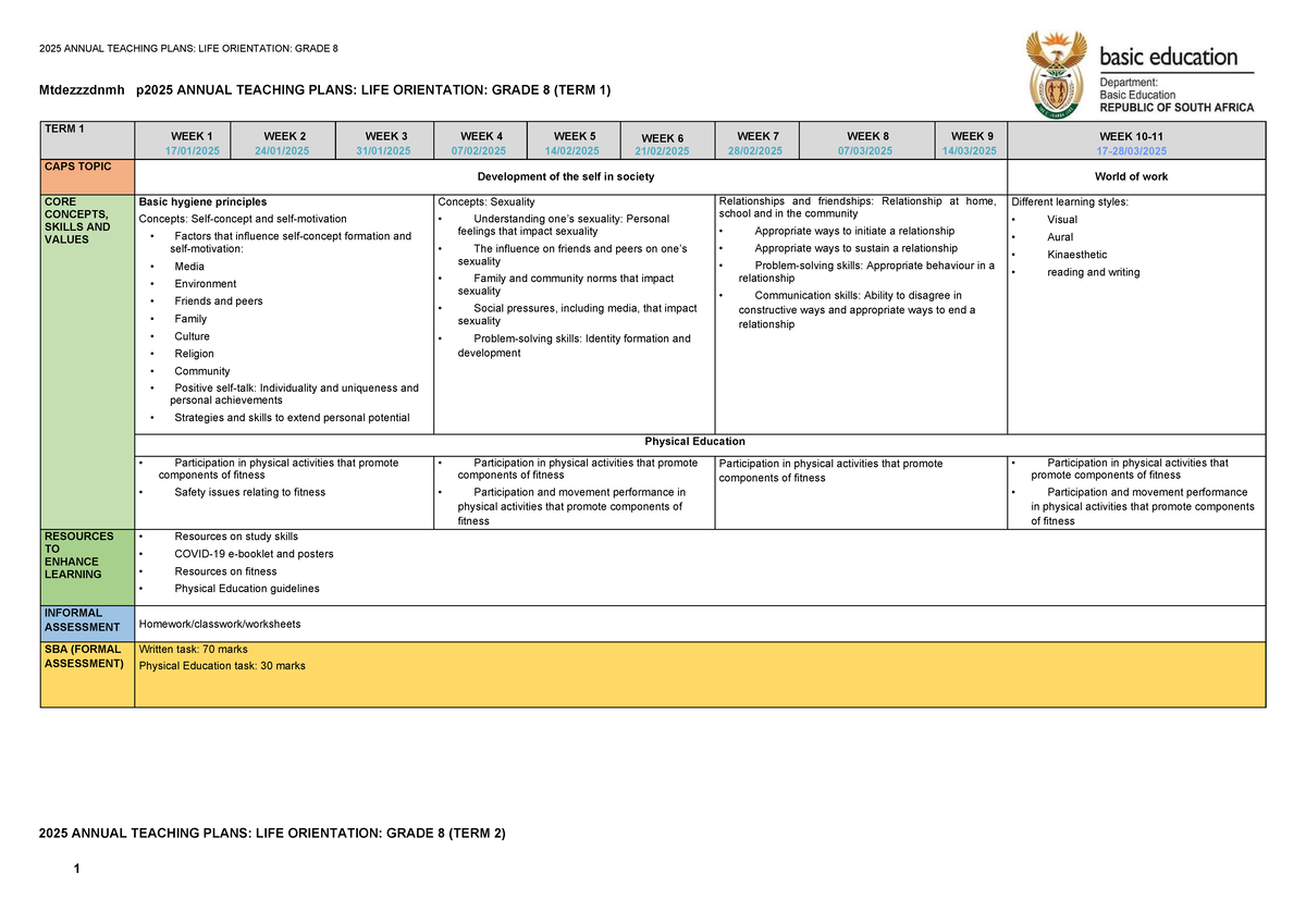 2025 ANNUAL TEACHING PLANS: LIFE ORIENTATION GRADE 8 (ALL TERMS) - Studocu