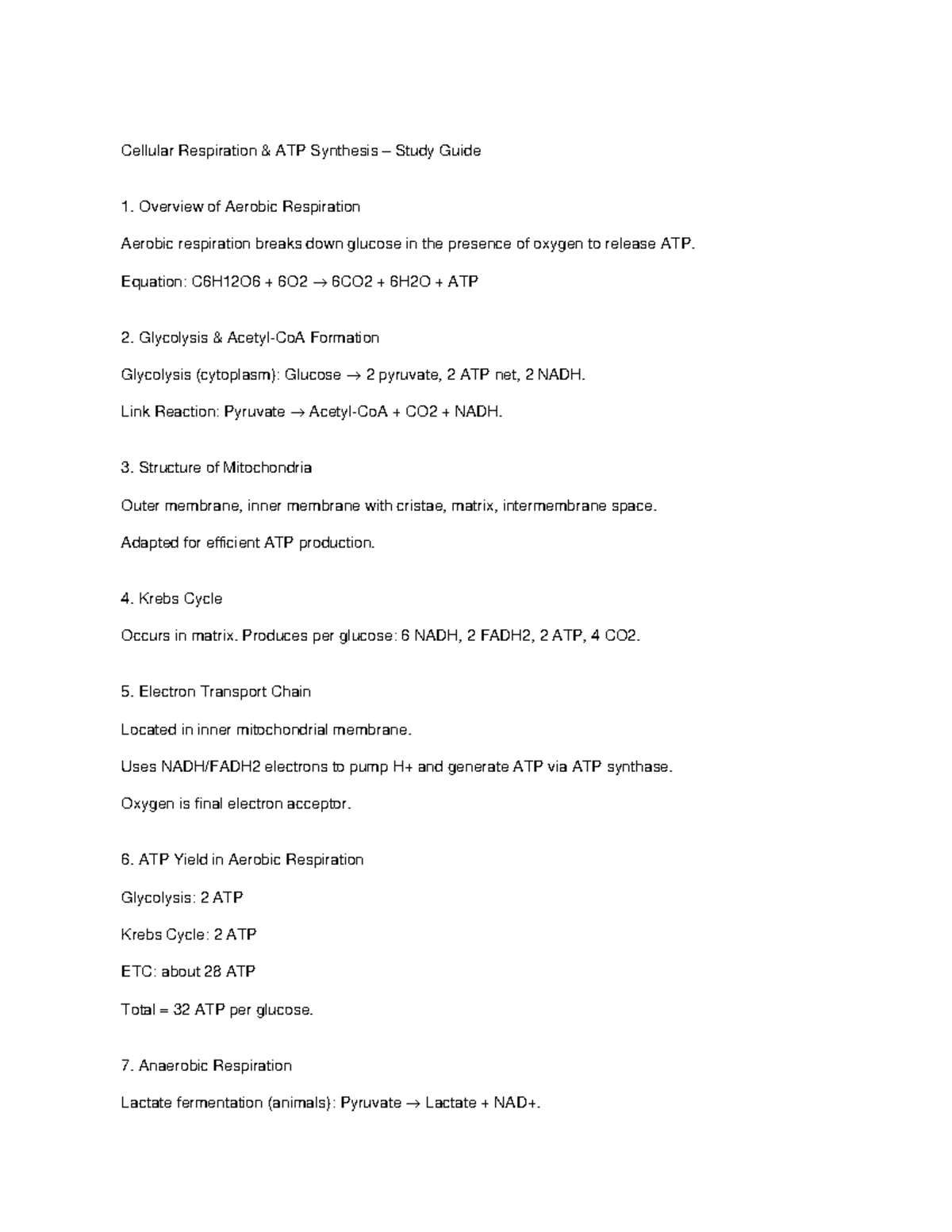 Cellular Respiration Study Guide: ATP Synthesis Overview - Studocu