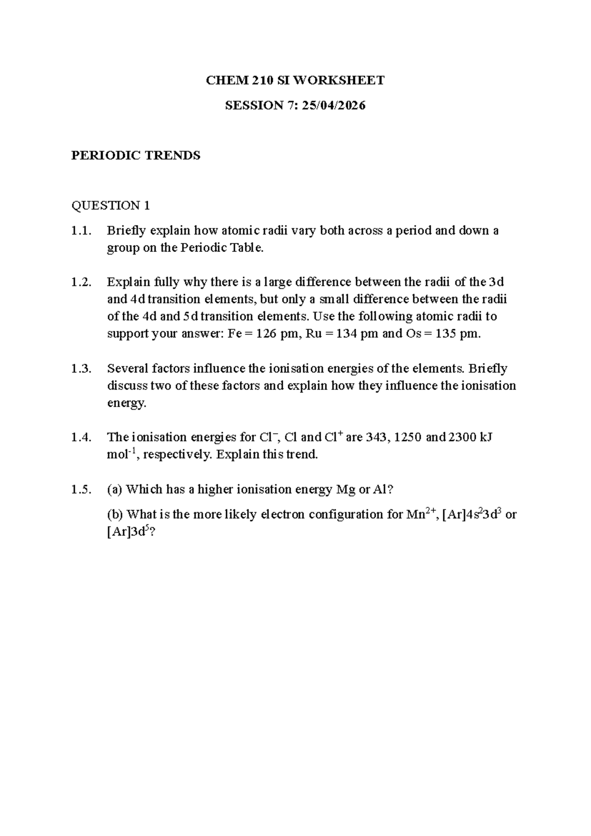 Chem 210 Si Worksheet 7 Periodic Trends Ionization Energies Studocu