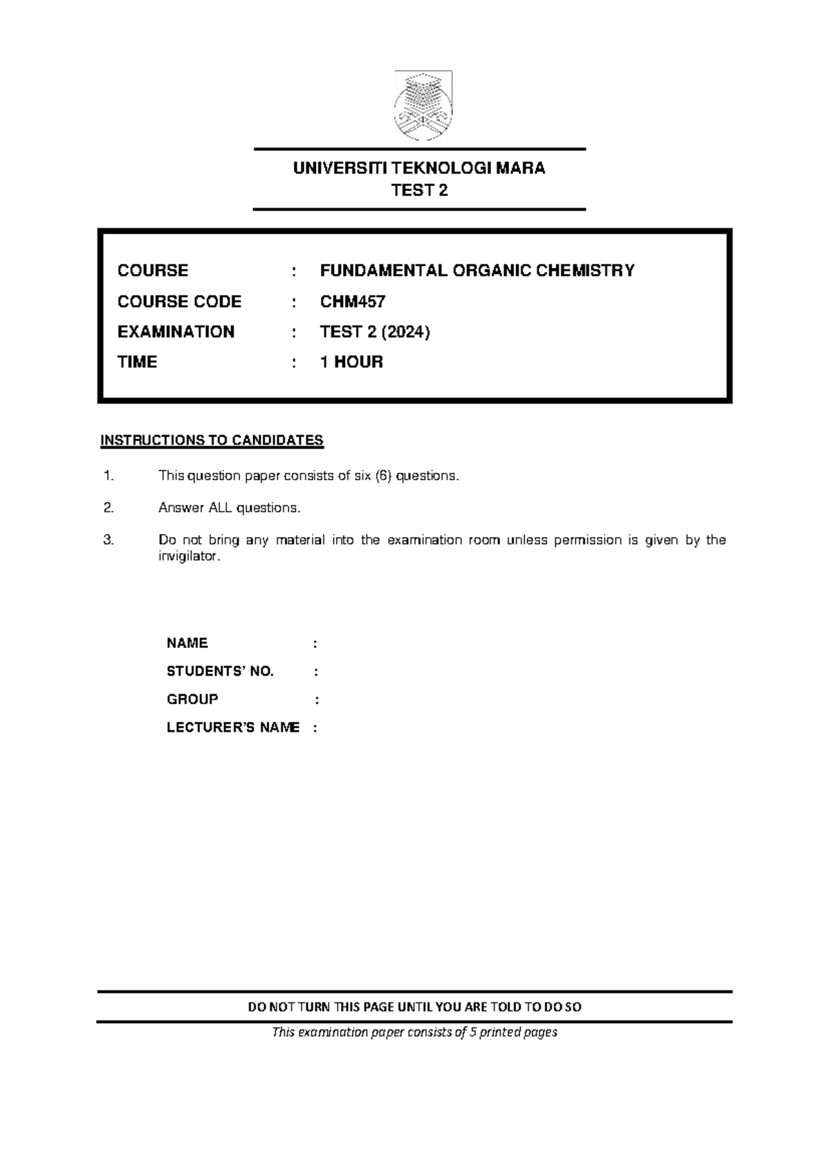 2024 Test 2 Questions for CHM457: Fundamental Organic Chemistry - Studocu