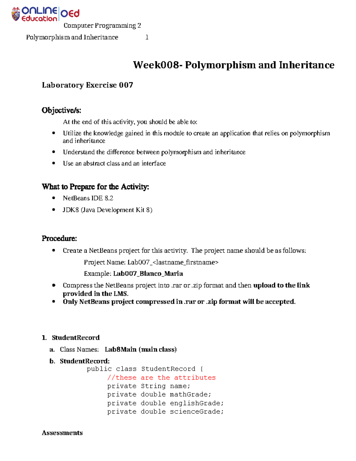 Week008-Lab Ex - Polymorphism & Inheritance in Programming 2 - Studocu