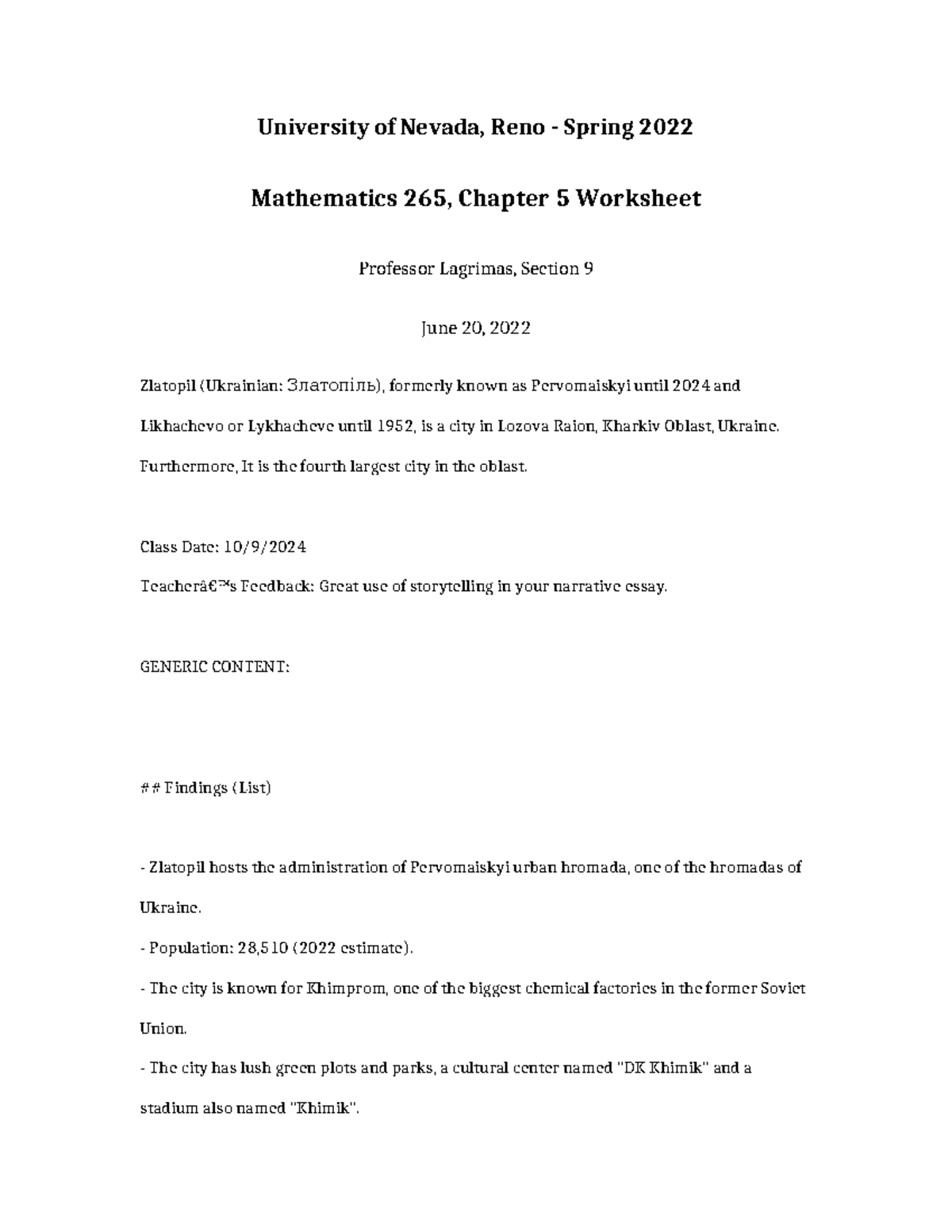 Mathematics 265: Chapter 5 Worksheet - Insights & Findings - Studocu