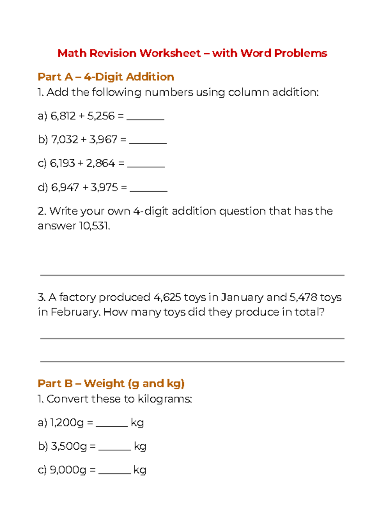 MATH Revision Worksheet: Word Problems & Concepts (Part A-D) - Studocu