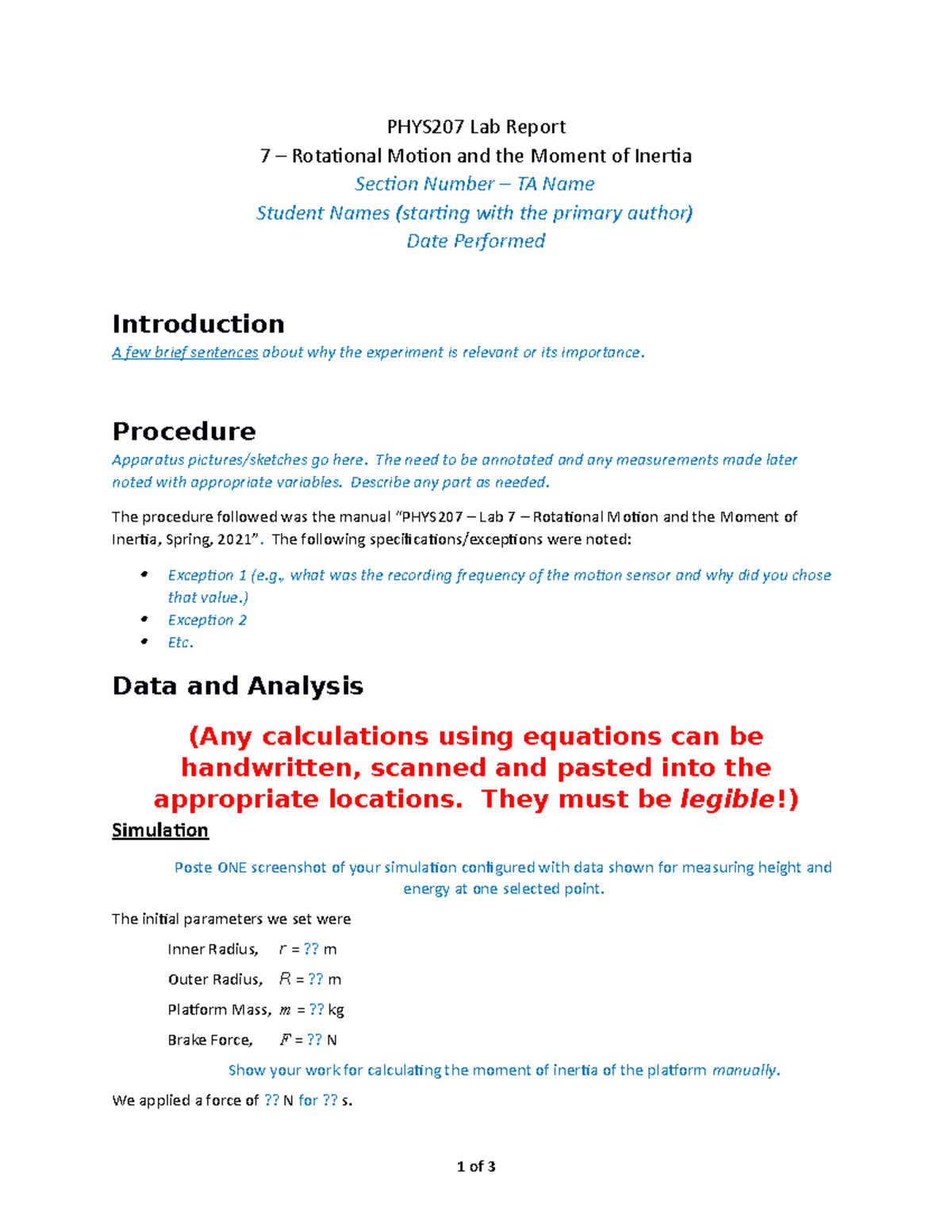PHYS207 Lab Report Template 7 – Rotational Motion and the Moment of ...