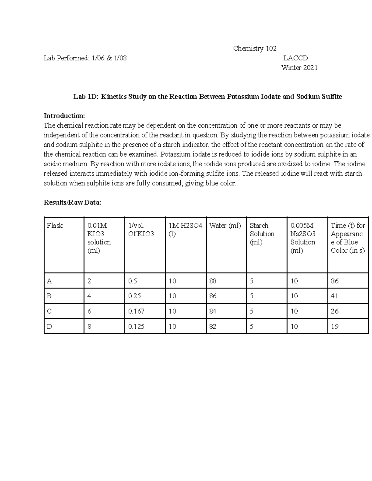 Chem 102 Lab 1D: Kinetics of Potassium Iodate & Sodium Sulfite Reaction ...