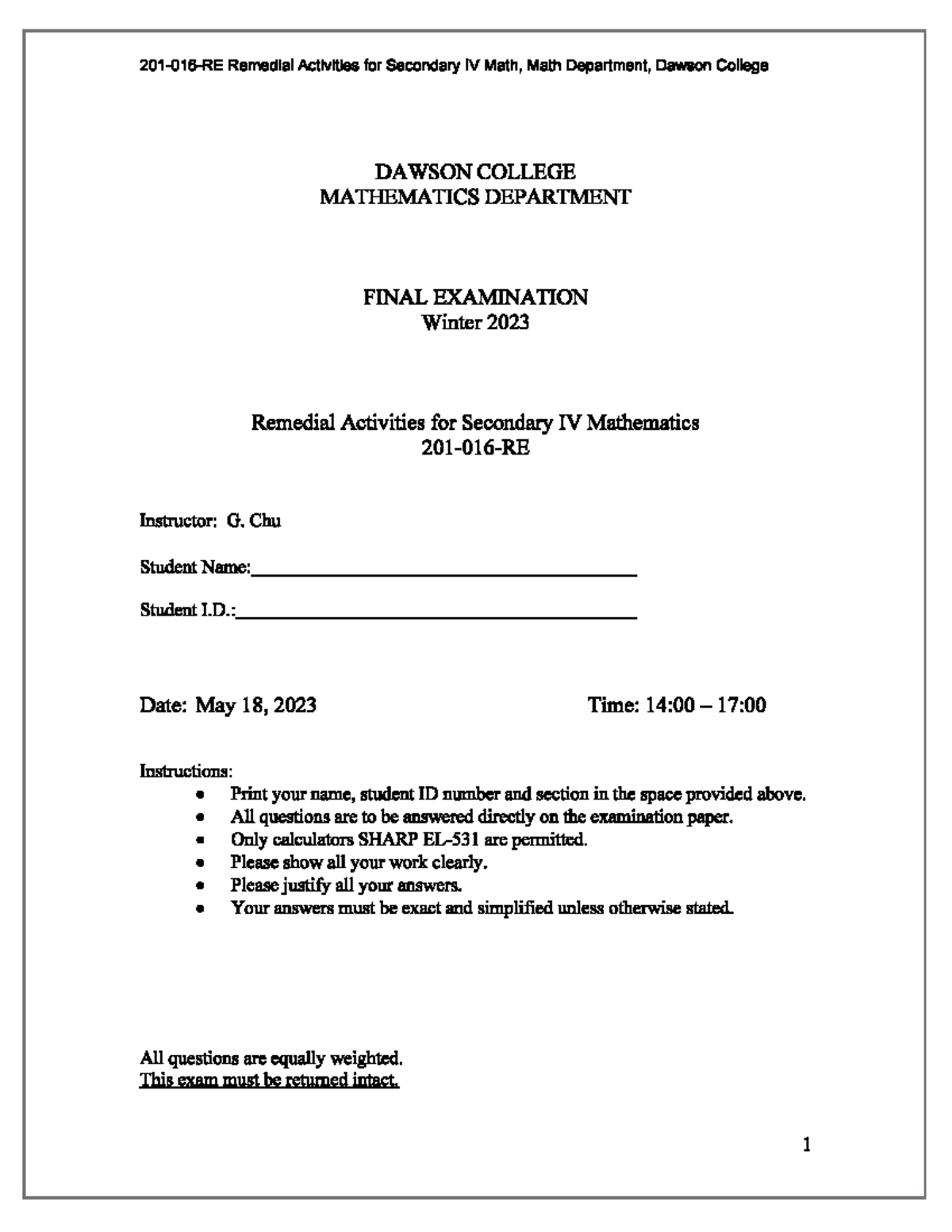 DAWSON COLLEGE MATH 201 016 RE FINAL EXAM REMEDIAL ACTIVITIES Winter ...