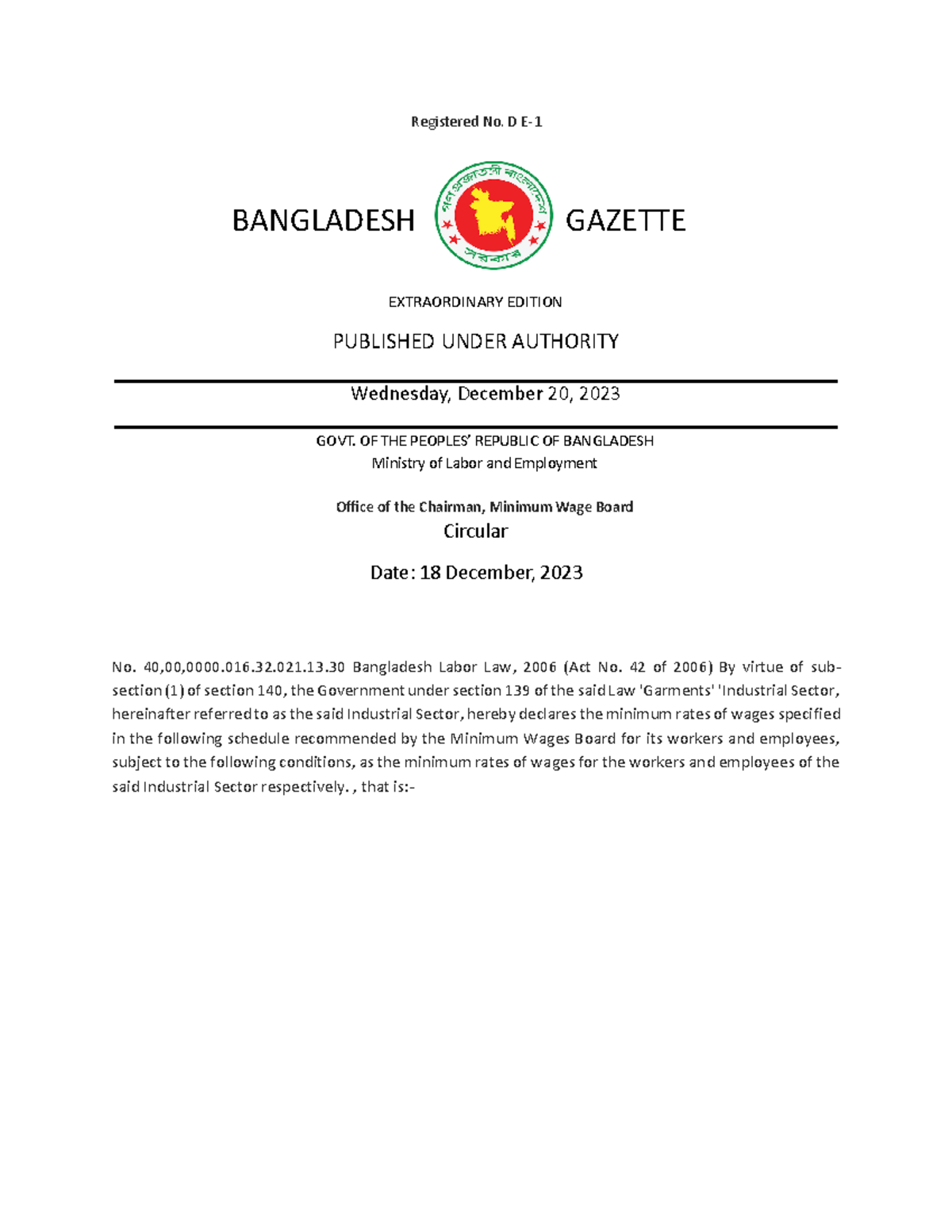 RMG Minimum Wages Circular 2023 - Bangladesh (Supporting 1) - Studocu