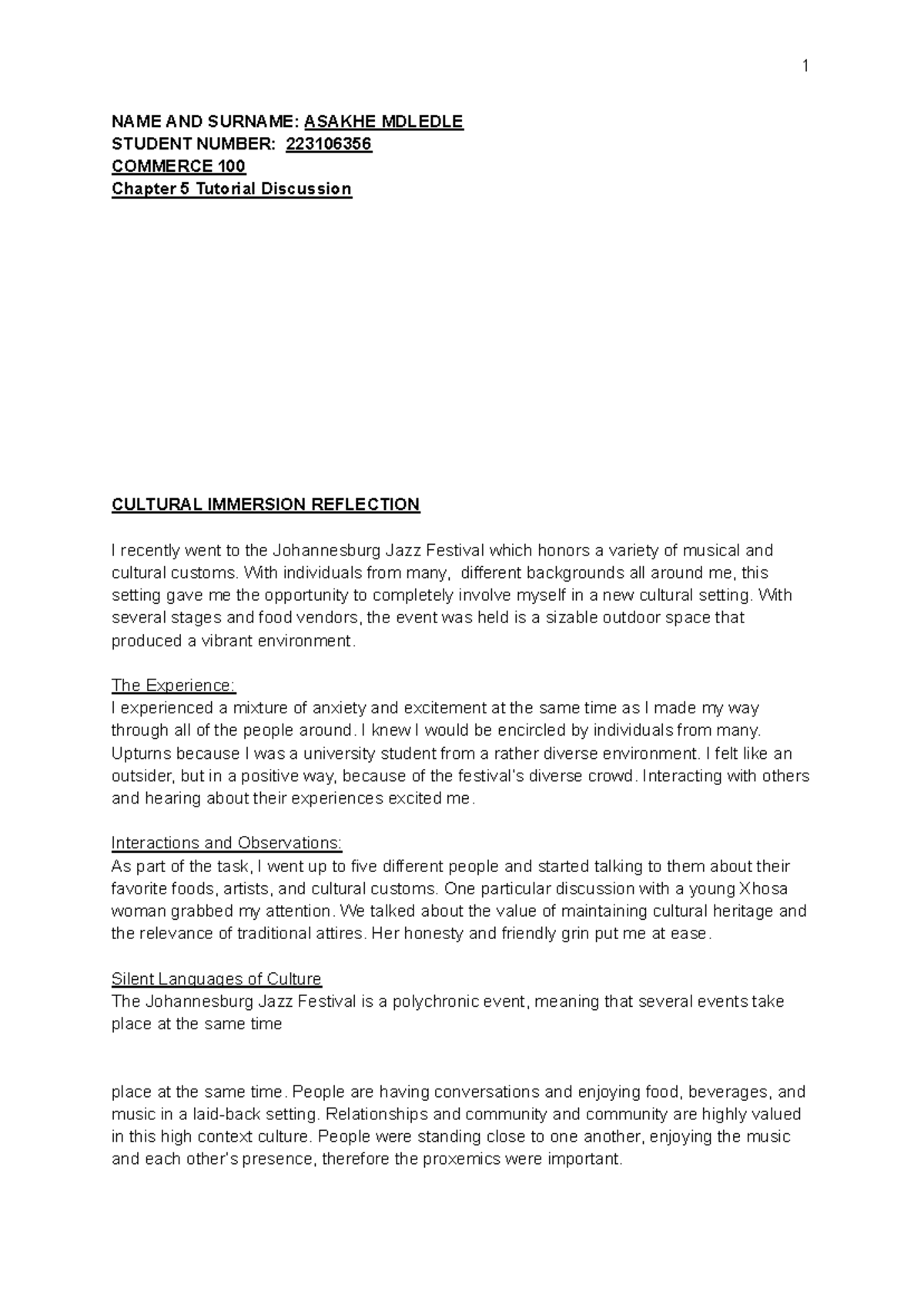 COM 100: Chapter 5 Cultural Immersion Reflection on Jazz Festival - Studocu