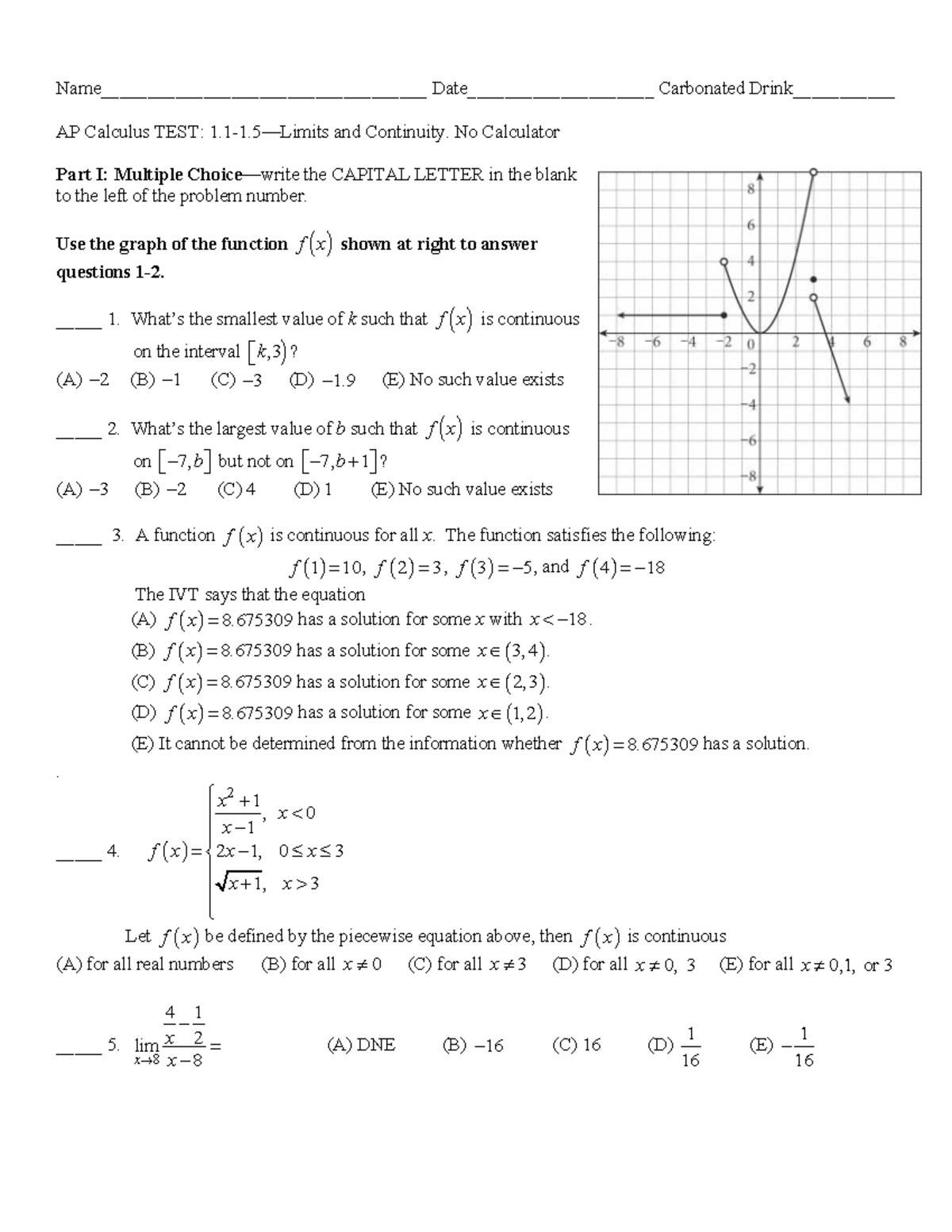 AP Calculus BC Test: Limits and Continuity Solutions - Studocu