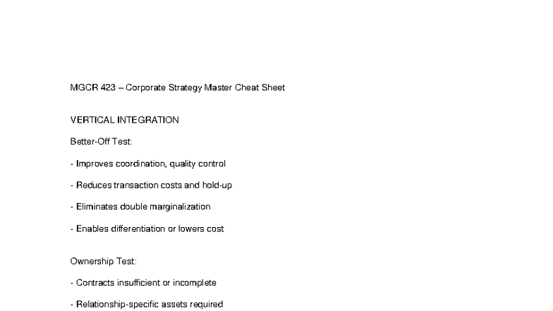 MGCR 423 Corporate Strategy Cheat Sheet: Integration & Diversification ...