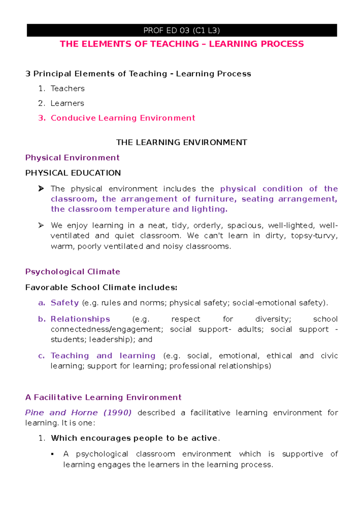 PROF ED 03 (C1 L3) Elements of a Conducive Learning Environment - Studocu
