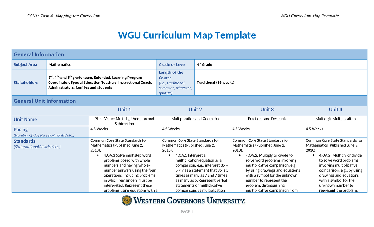 GGN1: Task 4 - Curriculum Mapping for 4th Grade Math Standards - Studocu