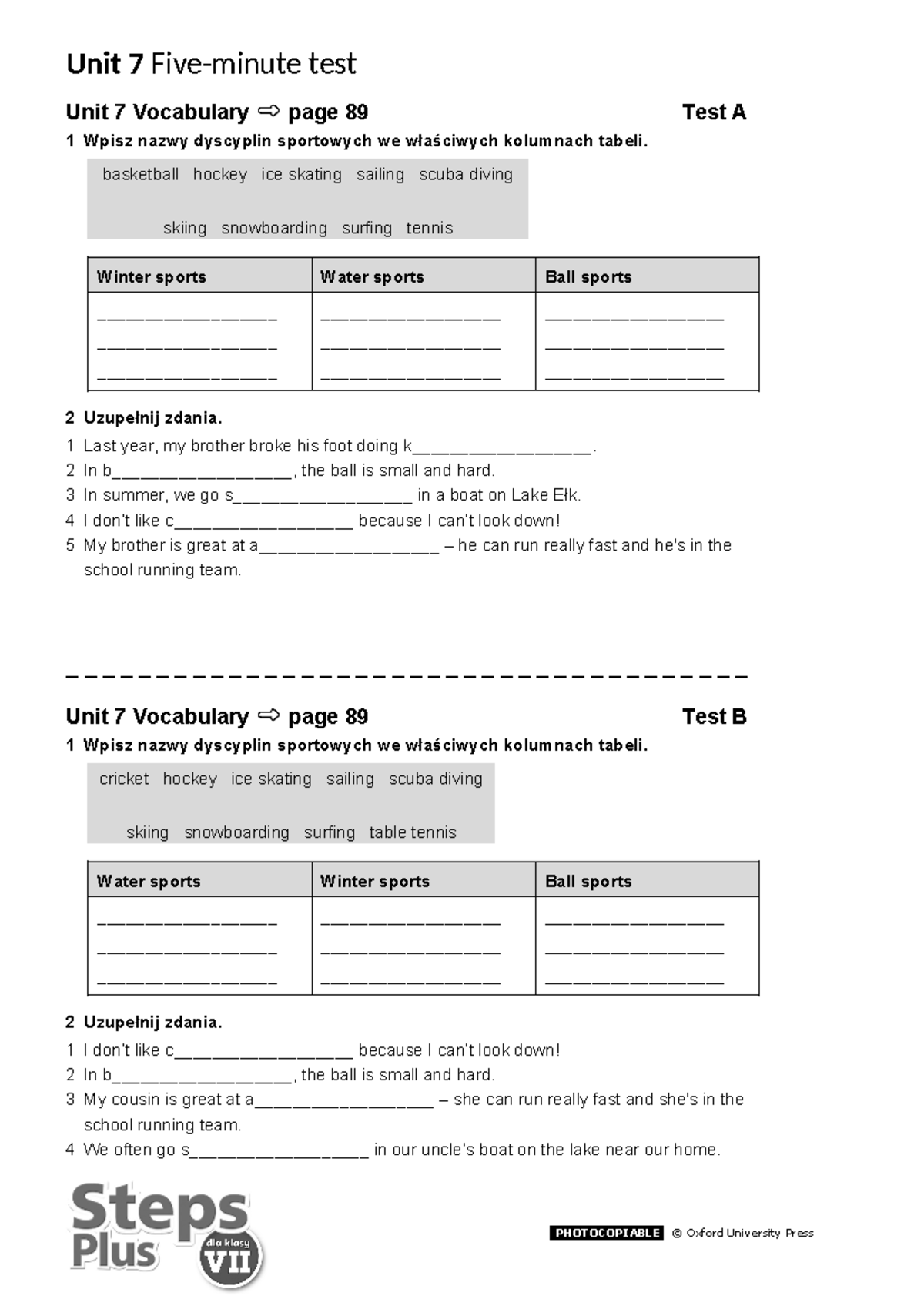 Steps Plus VII Unit 7 Vocabulary & Grammar Tests - Studocu