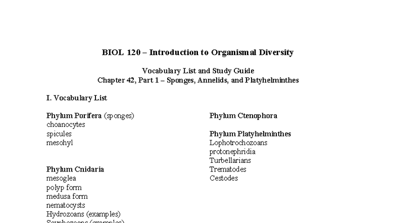 1 Ch. 34 - Sponges to Flatworms 2025 - BIOL 120 – Introduction to ...