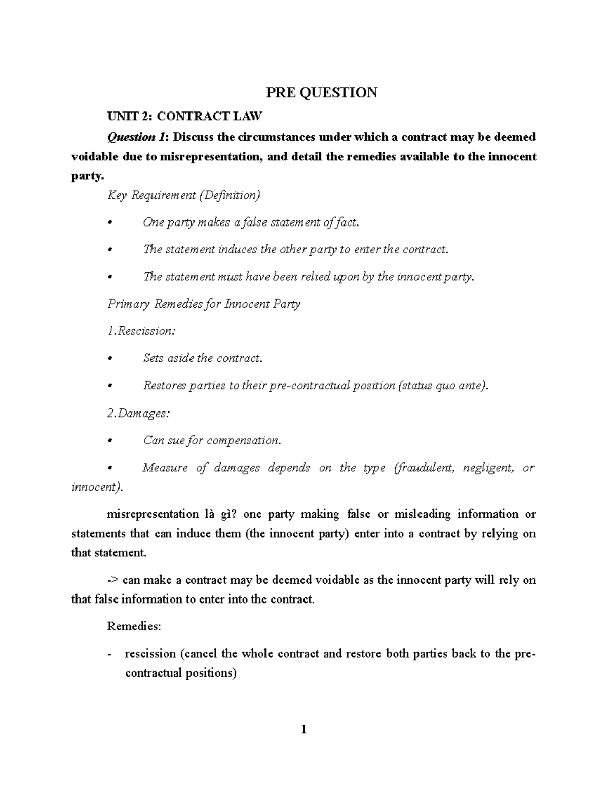 Final Exam: Unit 2 - Contract Law Overview and Key Concepts - Studocu