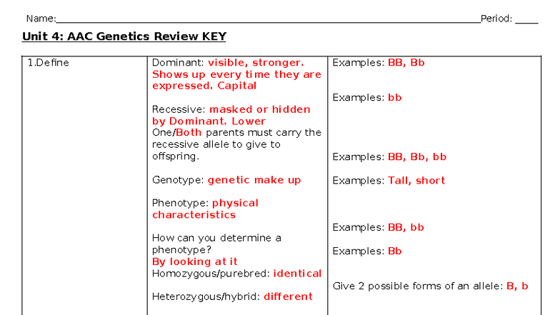 Unit 4: Genetics Review KEY - Punnett Squares & Inheritance Patterns ...
