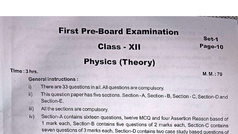 Physics Class XII Final Exam - PRE Board SET 1 - Studocu