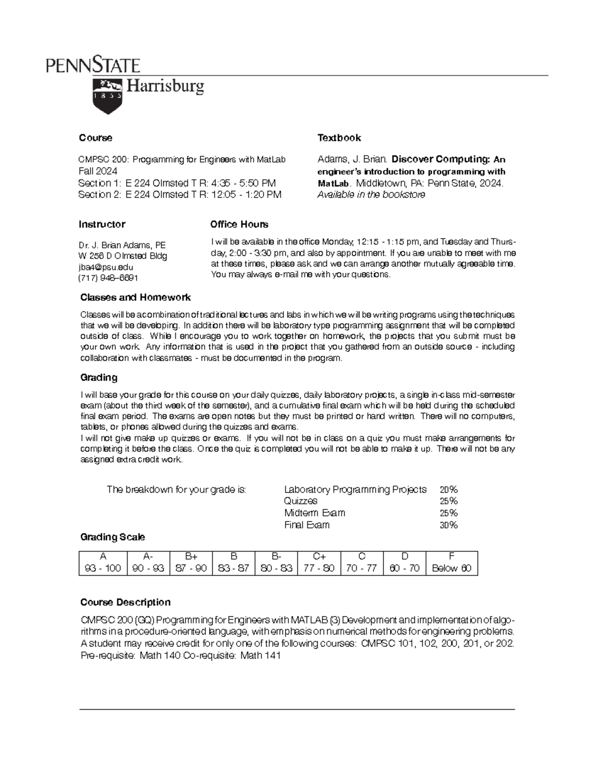 Syllabus for CMPSC 200: Programming for Engineers with MATLAB - Fall ...
