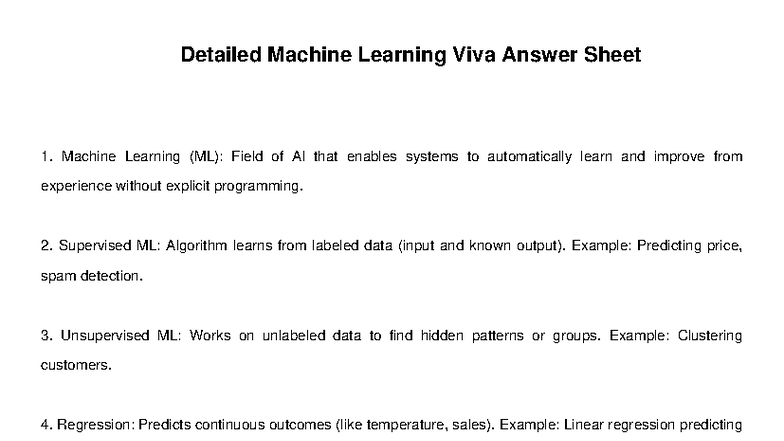 Machine Learning (ML) Detailed Viva Answer Sheet - Studocu